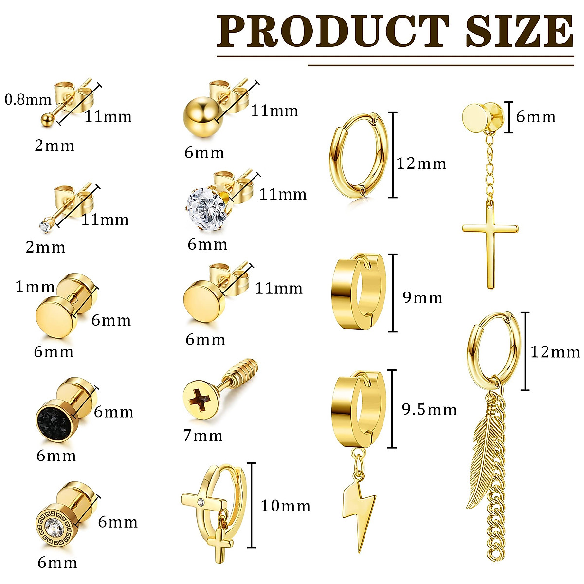 UBGICIG Earrings for Men 15Pairs Black Earrings Stainless Steel Stud Earrings Cross Dangle Hoop Men Earrings Set Fake Gauges Earrings for Women Men Piercing Jewelry Men's Earrings Set