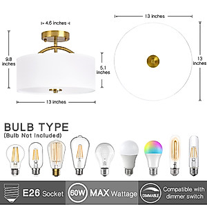 Bargeni Flush Mount Ceiling Light,13 inch Mid Century Modern Ceiling Light Fixture,Antique Brass with Fabric Shade,3-Light Drum Light Fixture for Bedroom,Dinning Room,Foyer and Kitchen
