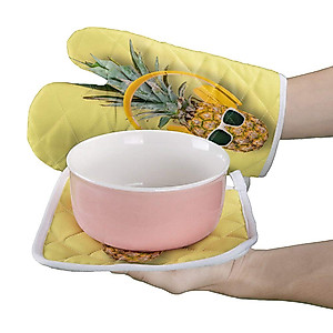 Set of Oven Mitt and Pot Holder,Pineapple Sunglasses Music Mini Oven Gloves and Hot Pads Yellow Funny Tropical Fruit Heat Resistant Kitchen Decor for Cooking BBQ Baking