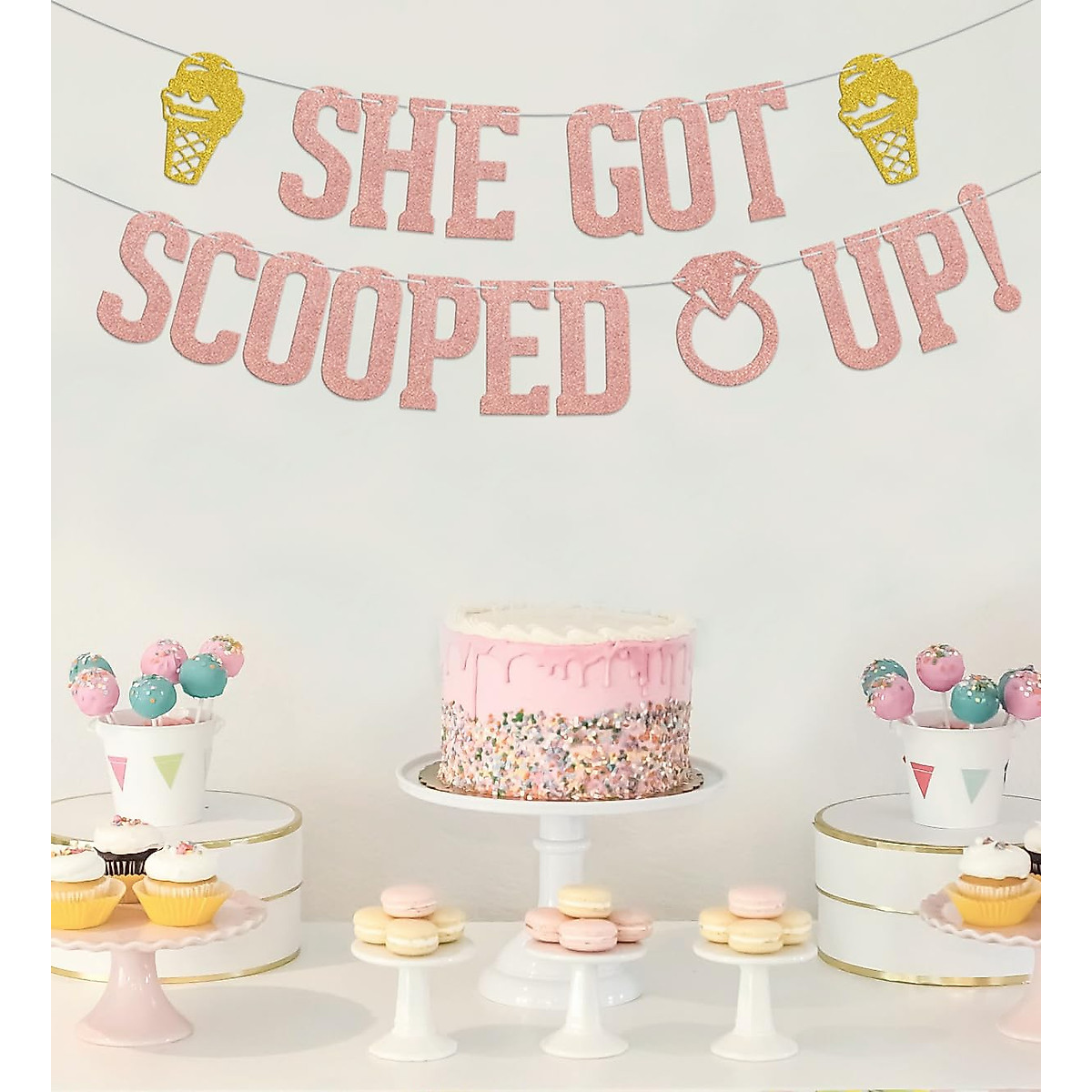 KEWUFD She Got Sco*ped Up Banner, Funny Bridal Shower Party Decoration for Women, Summer Theme Bachelorette/Bridal Shower/Engagement/Wedding Party Rose Gold Glitter