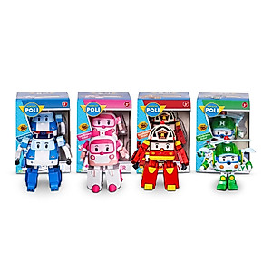 Robocar Poli 4 Pack Poli + Amber + Roy + Helly Transforming Robot Toys, 4" Transformable Action Figure Toy, Emergency Vehicle Playset, Holiday Birthday Rescue Car Toys Gift for Boys Girls Age 1-5
