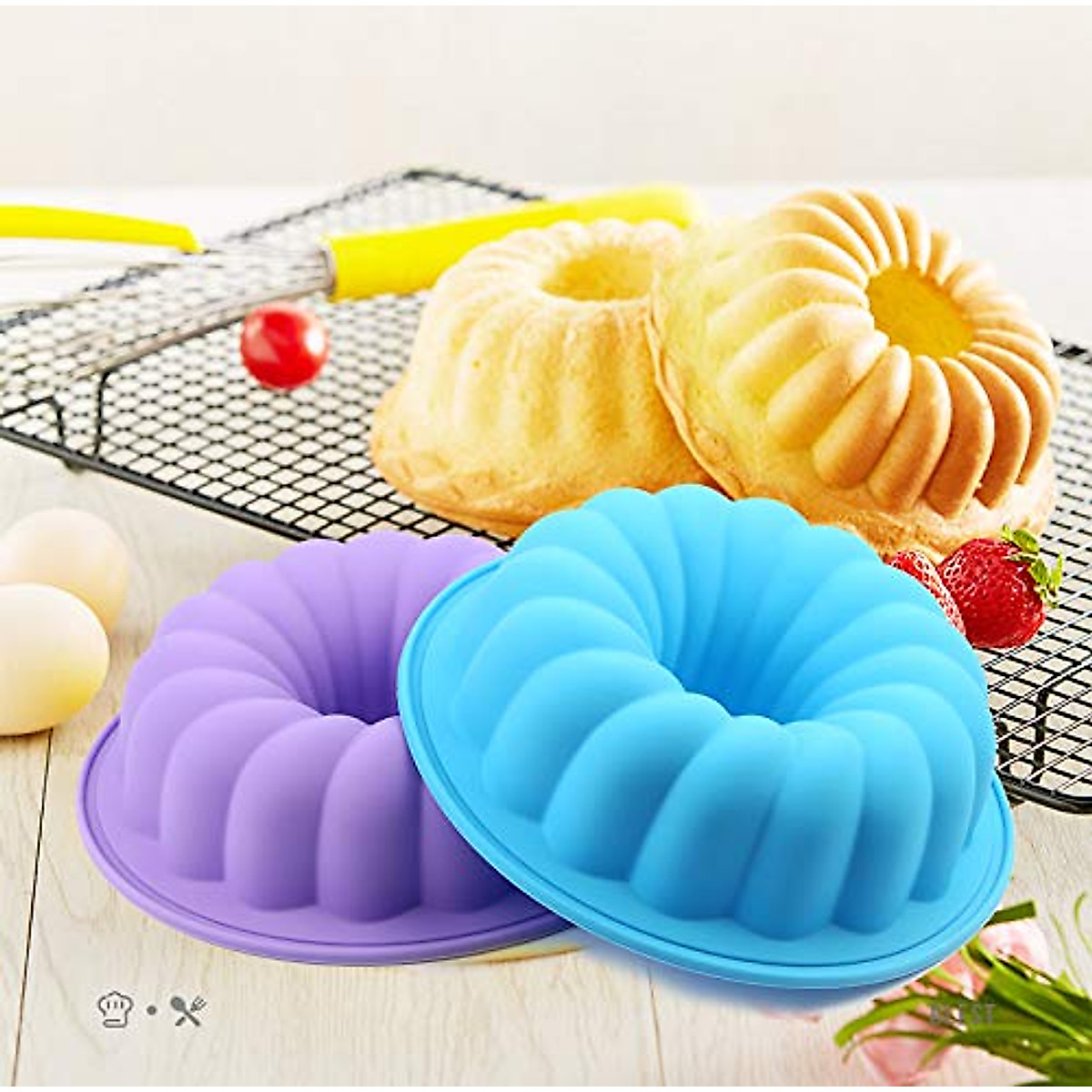 AILEHOPY Silicone Bundt Cake Pan - 8-10Inch Round Fluted Tube Cake Baking Molds，Non-stick Food Grade Silicone Mold For Gelatin, Bread, Jello, Chiffon, 2Pack