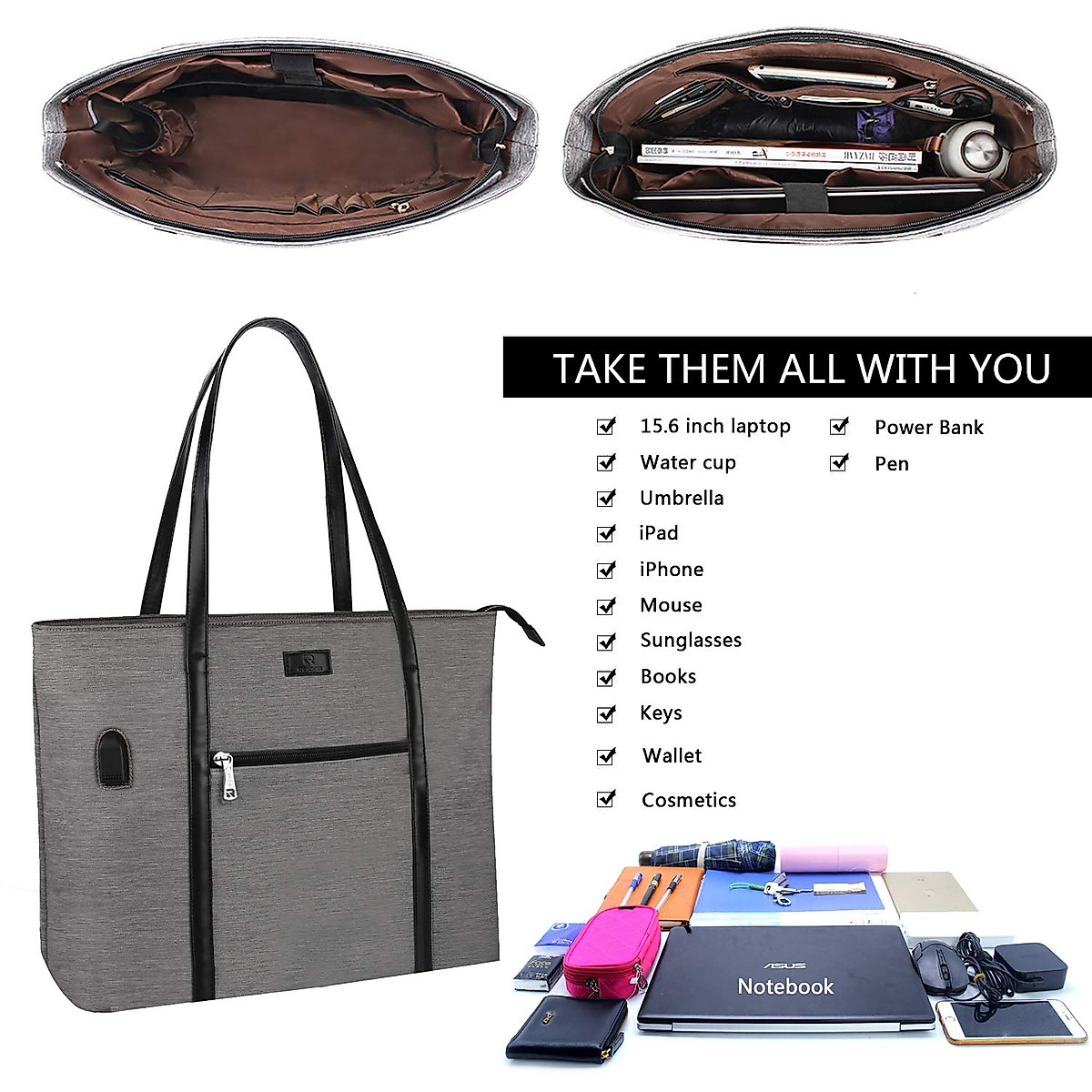 TANTO Laptop Tote Bag, Women Work Bag 15.6 Inch Laptop Bag with USB Charging Port Teacher Bag Computer Bag Professional Handbag Waterproof Shoulder Bag Satchel Purse