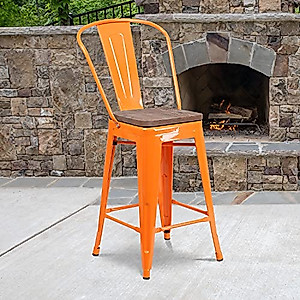 Flash Furniture Lily 24" High Orange Metal Counter Height Stool with Back and Wood Seat