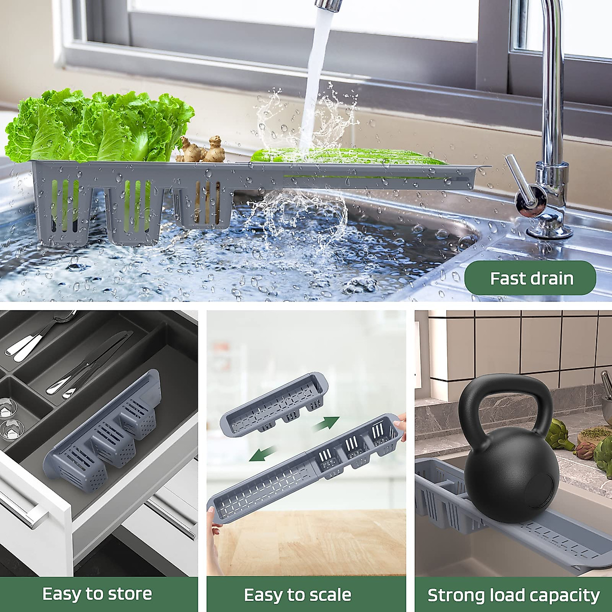 BBXTYLY Over The Kitchen Sink Caddy Sponge Holder Organizer Drying Rack,Kitchen Soap Dispenser Caddy Organizer, Countertop Soap Dish Rack Drainer with Removable Expandable Drain Tray 11.4" to 22.8"