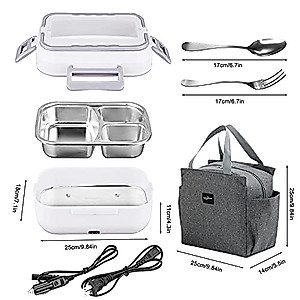 NICEPRO Heated Bento Box Electric Lunch Box Portable Food Warmer Heating Lunch Box Lunch Heater for Car&work Leak Proof 12V 24V110V 3 Grid Plate Removable Container for Adults with Carry Bag (White)