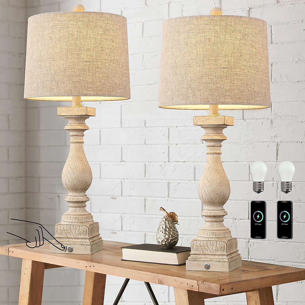 BOBOMOMO 27" Farmhouse 3-Way Dimmable Touch Control Table Lamp Set of 2 with USB A &USB C Charging Ports for Bedroom Living Room Vintage Rustic Traditional Nightstand Bedside Lamps (2 Bulbs Included)