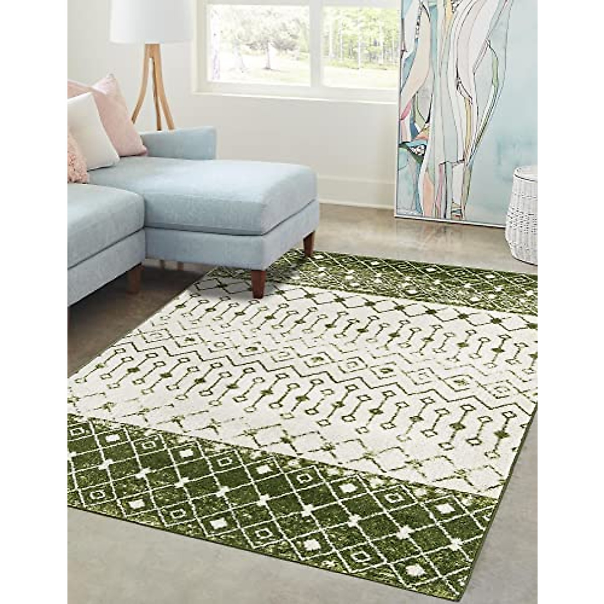 Rugs.com Moroccan Trellis Collection Rug – 6' x 9' Ivory Green Medium Rug Perfect for Bedrooms, Dining Rooms, Living Rooms
