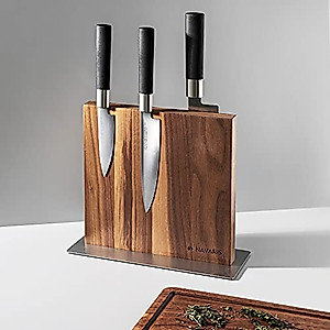 Navaris Wood Magnetic Knife Block - Double Sided Wooden Magnet Holder Board Stand for Kitchen Knives, Scissors, Metal Utensils - Walnut, 8.9 x 8.7 in