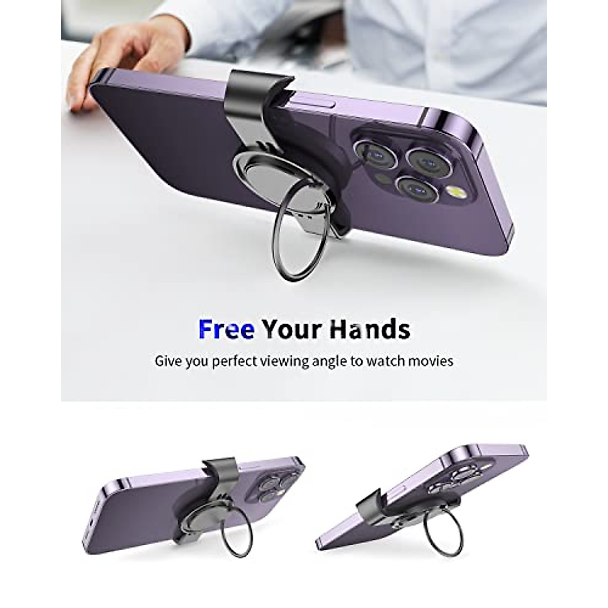 CHEEDAY Magnetic Phone Clamp Mount to Any Metal Surface, [Strong Magnet] Gym Metal Phone Clip Ring Grip for Magnetic Car Holder Compatible with iPhone 12 13 14 Pro Max, Most Phones and Cases, Gray