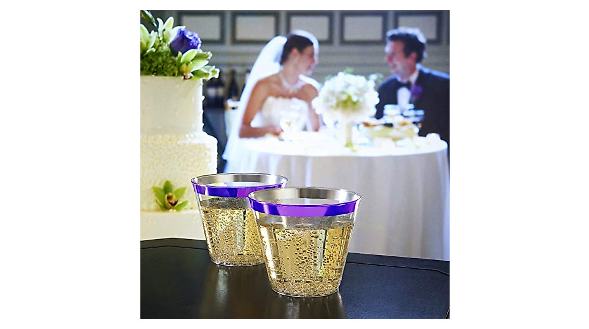 Elegant Purple Rimmed Plastic Cups & Ice Tong Set