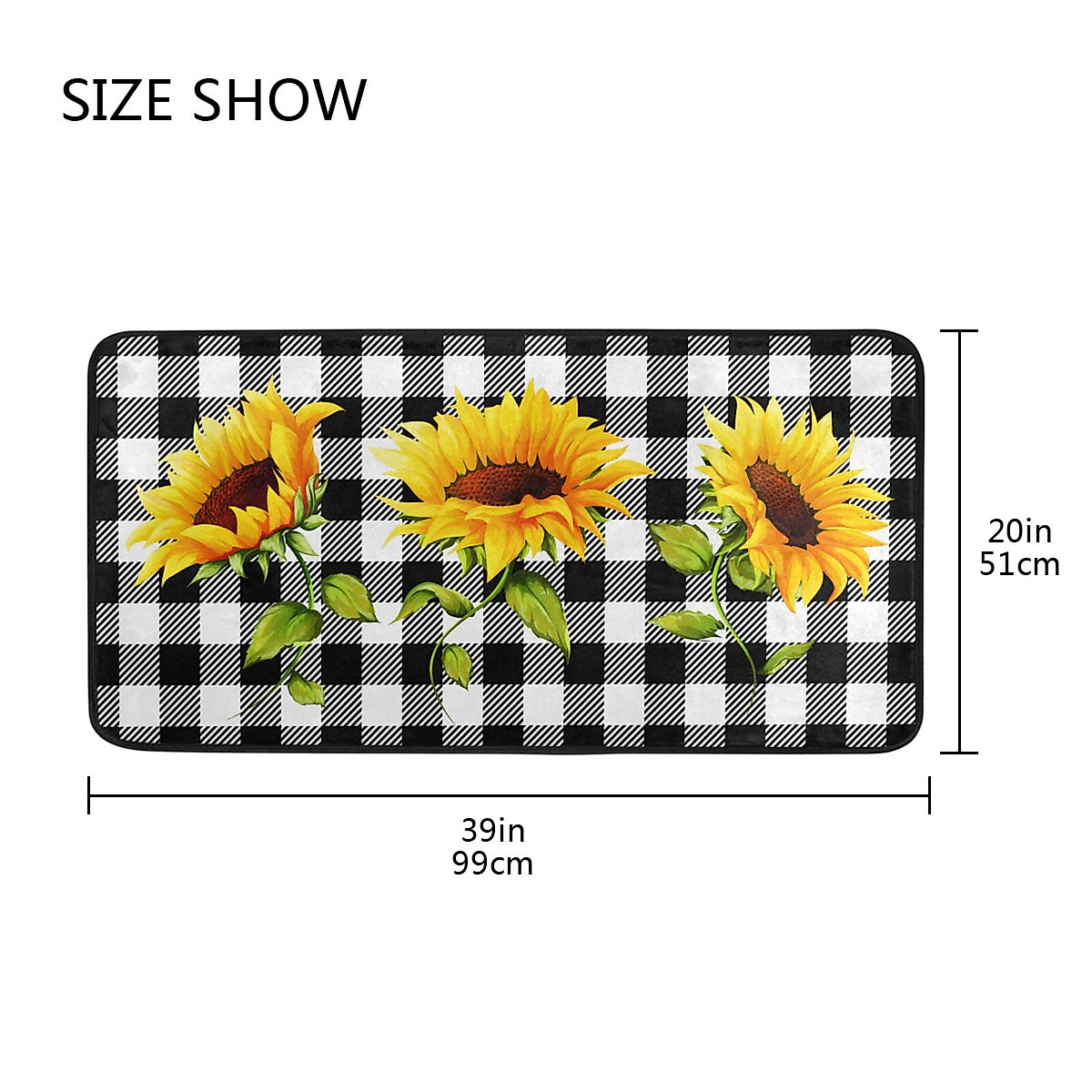 Black Buffalo Plaid Kitchen Rugs Non Slip Sunflower Kitchen Floor Mats Cushioned Kitchen Mats and Rugs Washable Anti Fatigue Mats for Laundry Sink Standing Office Home Decor - 39x20 in
