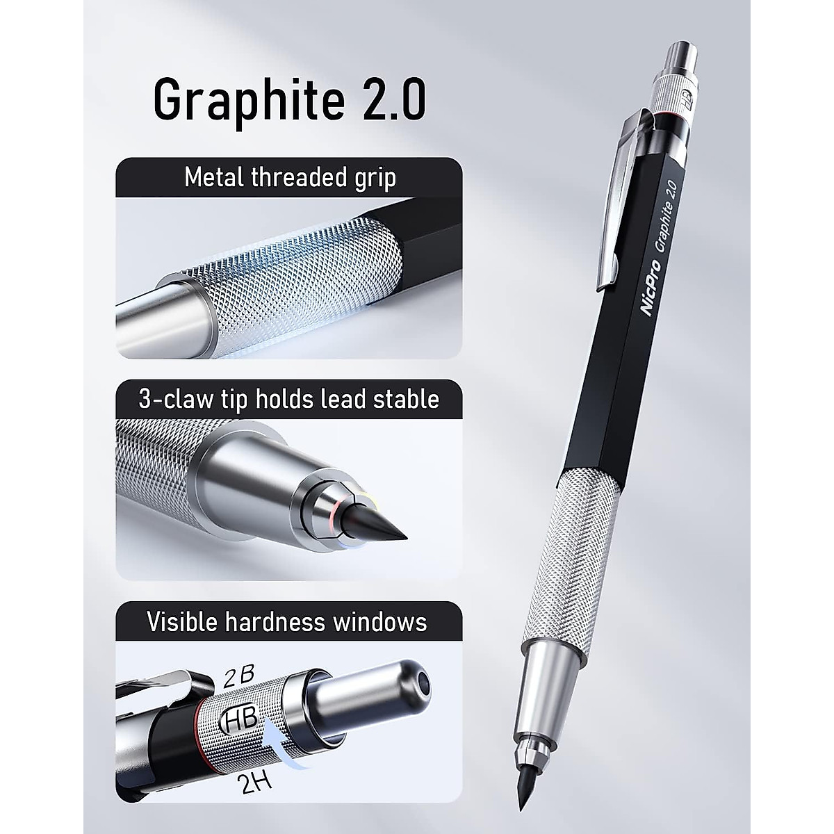 Nicpro 2.0 mm Mechanical Pencil Set, Artist Metal Lead Holder Metal Marker Carpenter pencils with 60 Graphite Lead Refill HB, 2H, 4H, 2B, 4B, Eraser, Sharpener for Draft Drawing, Writing Art Sketching