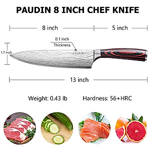 PAUDIN Chef Knife with Sheath- Pro Kitchen Knife 8 Inch Chef's Knives with High Carbon Stainless Steel, Sharp Knife with Ergonomic Handle for Home Kitchen Restaurant
