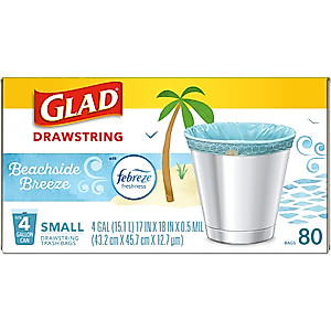 GLAD Small Drawstring Trash Bags, 4 Gallon Green Trash Bags for Small Kitchen or Office Trash Can, Beachside Breeze with Febreze Freshness to Eliminate Odors, 80 Count - Packaging May Vary