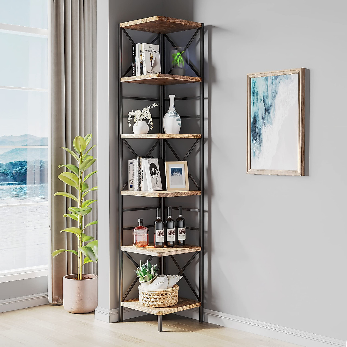 Buytime Corner Bookshelf, Corner Bookshelf for Living Room. 6-Tier Rustic Wooden Corner Bookshelf with Metal Frame, Corner Book Shelf, Tall Corner Shelf, Metal Corner Shelf