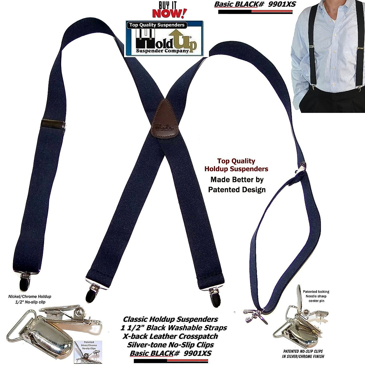 1 1/2" Wide Classic Series Holdups Suspenders for Men in X-back style w/USA Patented No-slip® Silver Clips (Black XS)