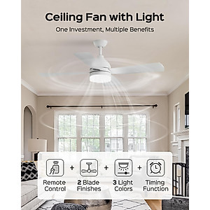 JACKYLED 52 Inch Ceiling Fan with Light Remote Control, 6 Fan Speeds & 3-Color Dimmable Light, Quiet Reversible DC Motor, LED Ceiling Fan Light for Bedroom, Living Room, White/Lightwood Blades