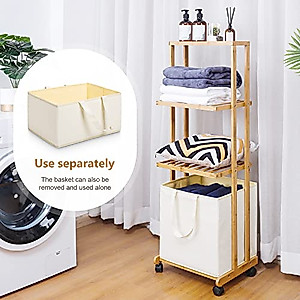 Homde Laundry Basket 3 Tier Bamboo Storage Shelf with Wheels Removable Storage Basket with Handle Freestanding Clothes Hamper Organizer for Bathroom Living Room Bedroom