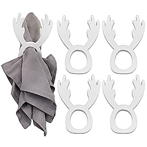 AuldHome Christmas Reindeer Napkin Rings (Set of 4, White); Wooden Holiday Napkin Holder Rings
