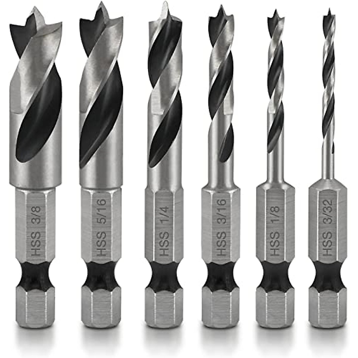 CORTOOL Brad Point Stubby Drill Bit Set for Wood, 6pcs HSS Drill Bit Set with 1/4-Inch Quick Change Hex Shank - 3/32”, 1/8”, 3/16”, 1/4”, 5/16” and 3/8” Inch Sizes Stubby Drill Bits for Wood