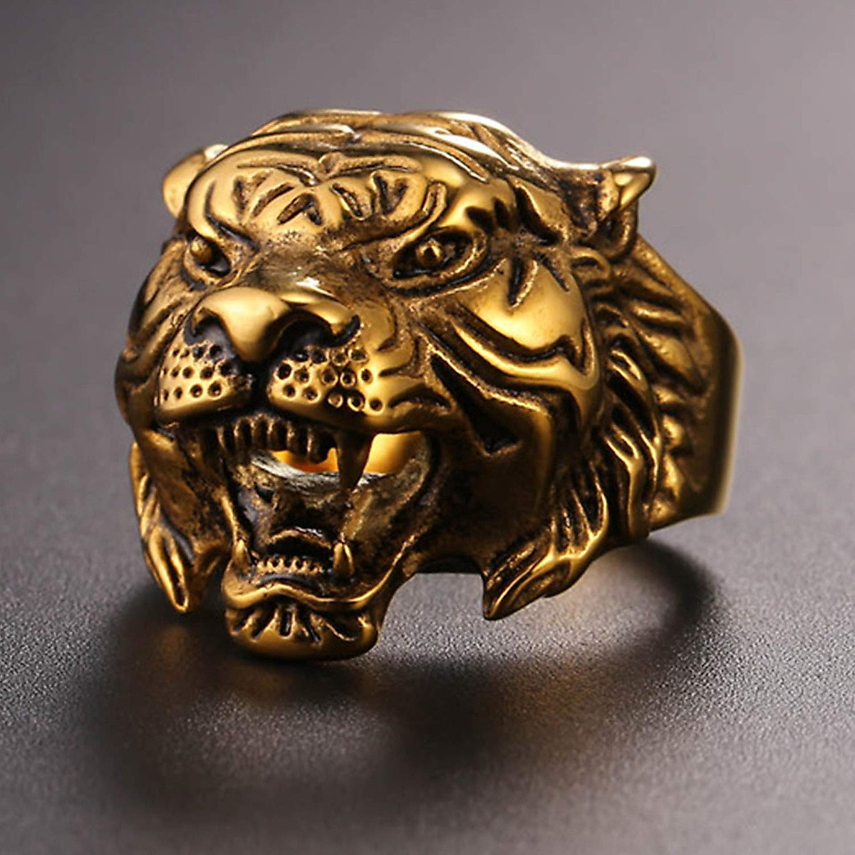 U7 Men's Punk Animal Signet Ring 18K Gold Plated Vintage Enamel Black Retro Tiger Head Ring -Size 13