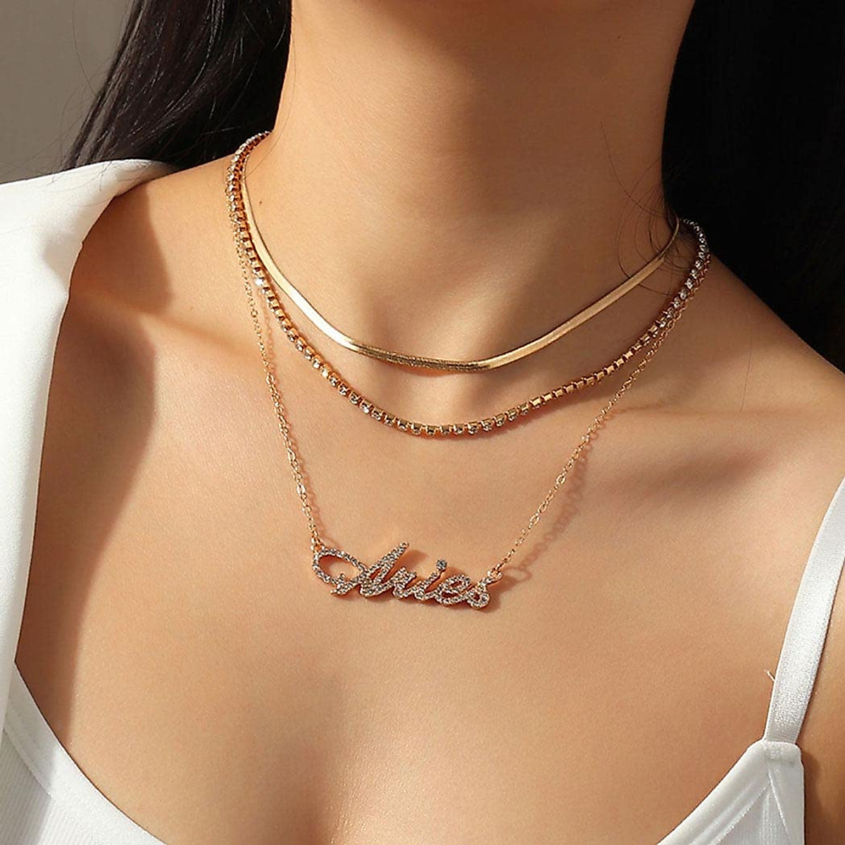 JONKY Layered Rhinestone Pendant Necklace Gold Crystal Aries Necklaces Chain Sparkly Letter Snake Chain Choker Necklace Fashion Constellation Jewelry for Women and Girls