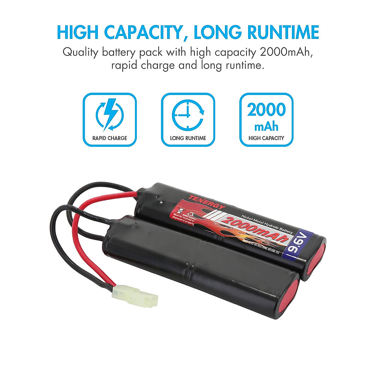 Tenergy 9.6V Airsoft Battery and Charger, 2000mAh NiMH Nunchuck Battery w/Mini Tamiya Connector for Airsoft Guns M249, M240B, M14, RPK, PKM, L85, AUG, G3