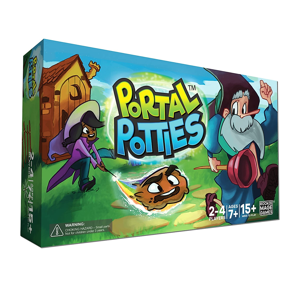 Rookie Mage Games Portal Potties - Funny Last Wizard Standing Board Games for Adults & Kids - Includes Playing Cards, Poop Emoji Tokens, Colorful Potty Boards - 2 to 4 Players, Ages 7+