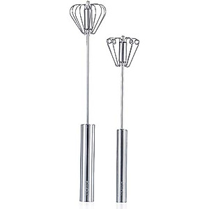 KSENDALO Push Whisk Set(12inch & 14inch) Stainless Steel Easy Whisk for Mixing Milk and Other Liquids, Automatic Whisk Push Saves Much Energy, Silver