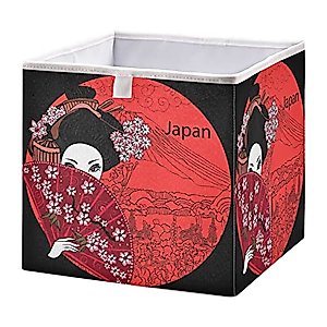 Japanese Woman Girl Hairstyle Cherry Blossoms Mount Fuji Red Style Rectangular Storage Basket Bin, Collapsible Storage Box, Foldable Nursery Baskets Organizer for Toy, Clothes Easy to Assemble