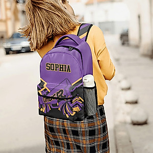 CUXWEOT Cheer Cheerleader Purple Gold Backpack Personalized Book Bag Sport Casual Hiking Camping Pack with Name