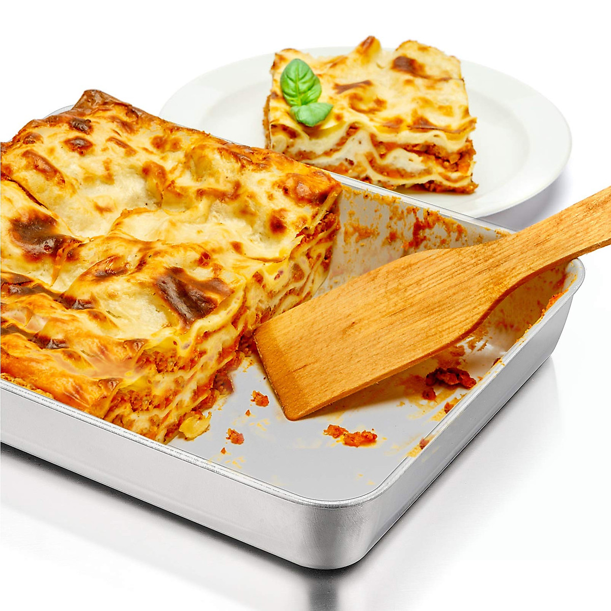 P&P CHEF Baking Sheet Rectangular Cake Pan, Stainless Steel Lasagna Pan for Lasagna Brownie Fish Meats, 9.7-inch by 12.3-inch, Heavy Duty & Easy Clean, Rectangle - Silver