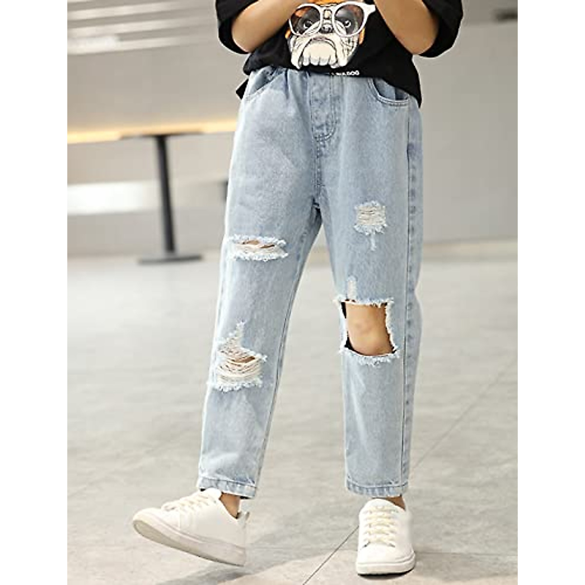 QIBABU Kid Big Girl's Baggy Ripped Jeans Elastic Waist Washed Denim Pants for 8-14 Years(0865-Blue-14Y-QB)