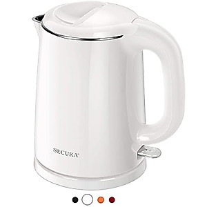 Secura Stainless Steel Double Wall Electric Kettle Water Heater for Tea Coffee w/Auto Shut-Off and Boil-Dry Protection, 1.0L (White)