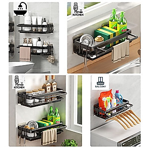 YOMEAN Self Adhesive Sponge Holder, Kitchen Wall Mount Sink Caddy Aluminum Drying Drain Rack Storage,Peeler, Brush, Soap, Cloth Rag,Towel Organizer with Removable Drip Tray for Countertop,No Drilling