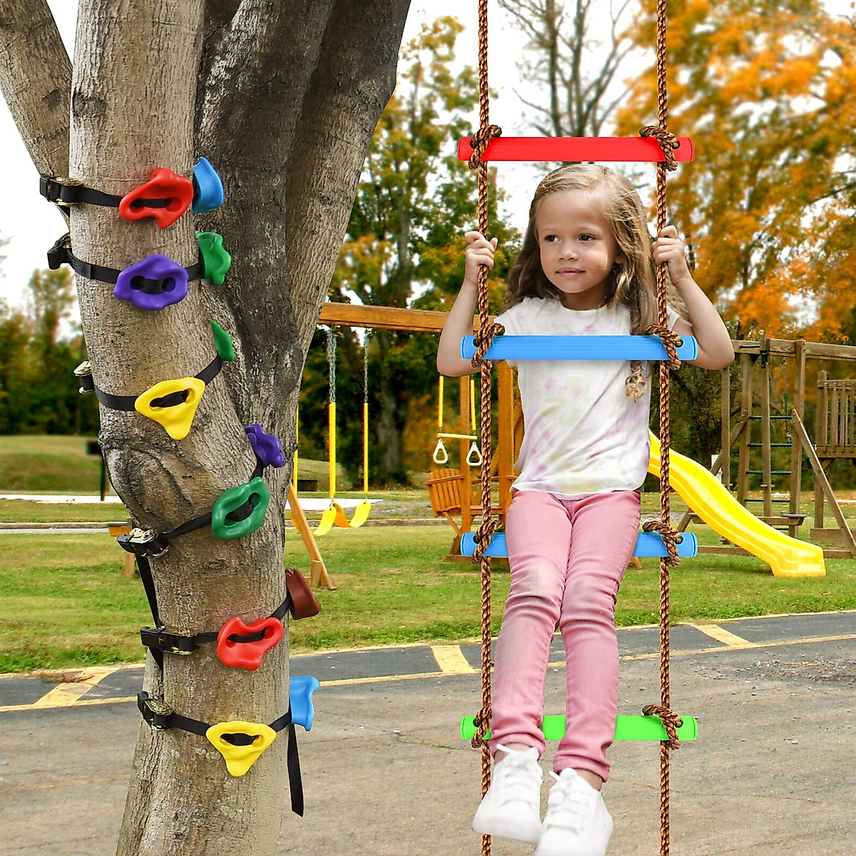 TOPNEW 12 Ninja Tree Climbing Holds for Tree Climber, Tree Climbing Kit with 6.6FT Rope Ladder for Outdoor Ninja Warrior Obstacle Course Training