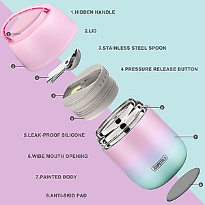 17 oz Insulated Lunch Containers Hot Food Jar, Wide Mouth Lunch Thermo for Kids Adults, Vacuum Stainless Steel Lunch Box With Handle Folding Spoon for School, Office (Blue-Pink)