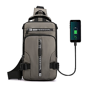 JBB Waterproof Sling Bag Crossbody Backpack for Men Women Multipurpose Waist Pack with USB Charging Port for Hiking Walking Khaki