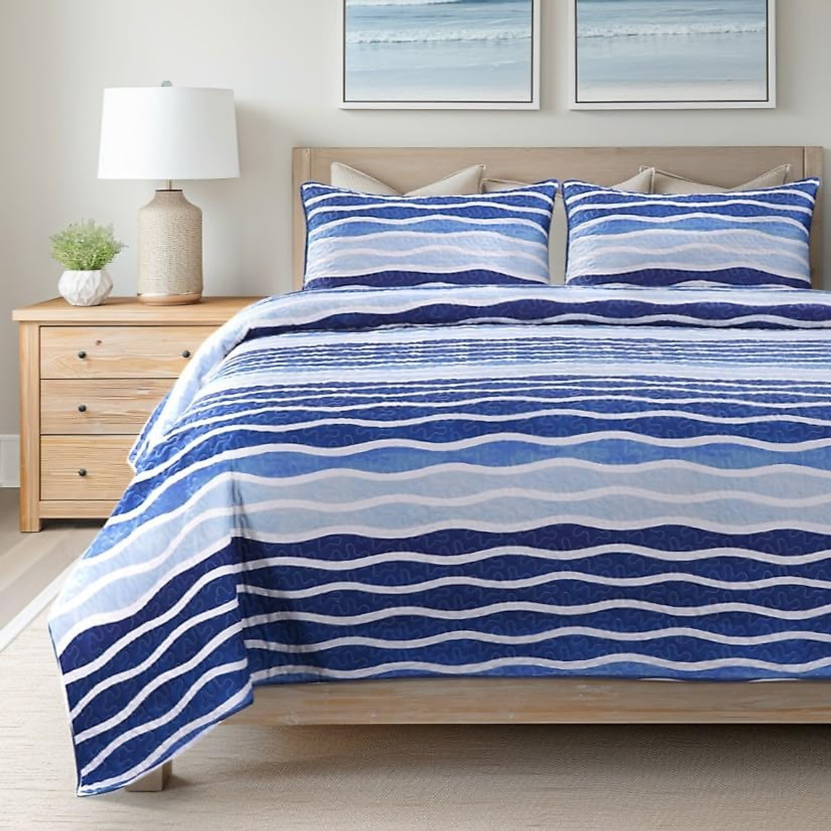 SLPR Blue Wave 2-Piece Quilt Set - Twin Size with 1 Sham, Coastal Beach House Bedding with Nautical Wave Design for Kids, Summer Ocean Waves Quilted Bedspread in Beachy Theme