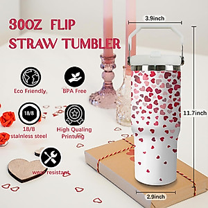 HOWSEESNOW 30oz Valentines Insulated Tumbler with Handle and Straw, Leak Proof Travel Coffee Mug, Reusable Stainless Steel Heart Tumbler, Valentines Gifts for Her
