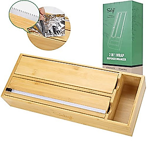 Soligt 2 in 1 Foil and Plastic Wrap Organizer | Aluminum Foil Dispenser with Serrated Edge | Plastic Wrap Dispenser with Cutter | Bamboo Kitchen Drawer Organizer Fit Parchment, Wax Paper