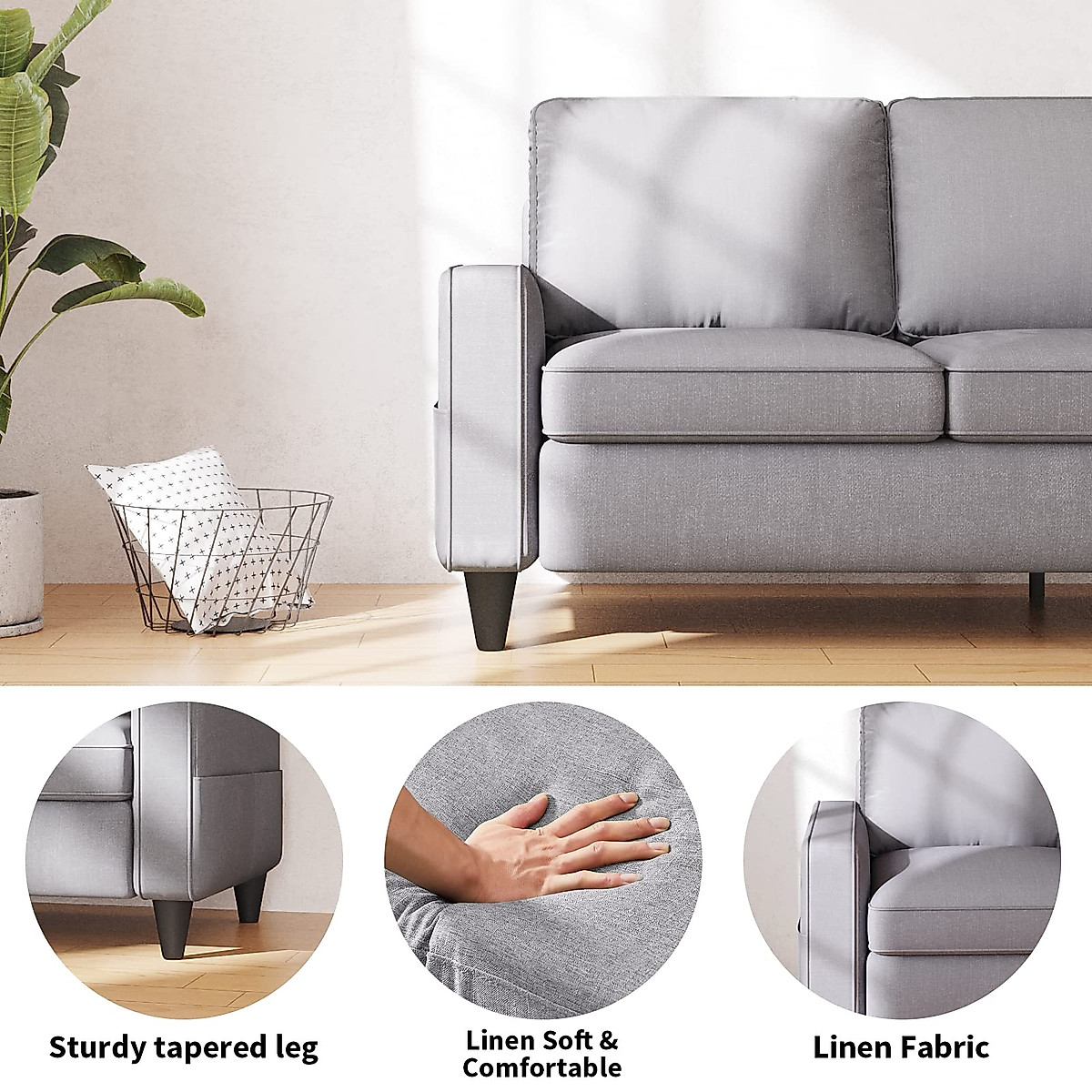 Lonkwa Convertible L-Shaped Sectional Sofa with Reversible Ottoman, 3-Seat Gray Couch for Living Rooms, Apartments, Offices, Small Spaces