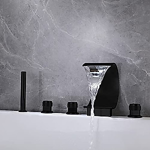 AZOS Waterfall Roman Tub Filler Faucet Deck Mount Widespread Bathroom Bathtub Faucet 5 Hole 3 Handles Black Waterfall Tub Filler Faucet Bathtub Faucet
