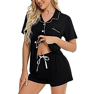 SWOMOG Women's Button Down Pajama Set V-Neck Short Sleeve Sleepwear Soft Pj Sets S-XXL A- Black