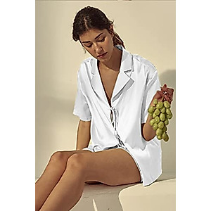 CHYRII Women's Silk Satin Pajamas Sets Tie Front Short Sleeve Tops and Shorts Two Piece Pj Sets Sleepwear White M