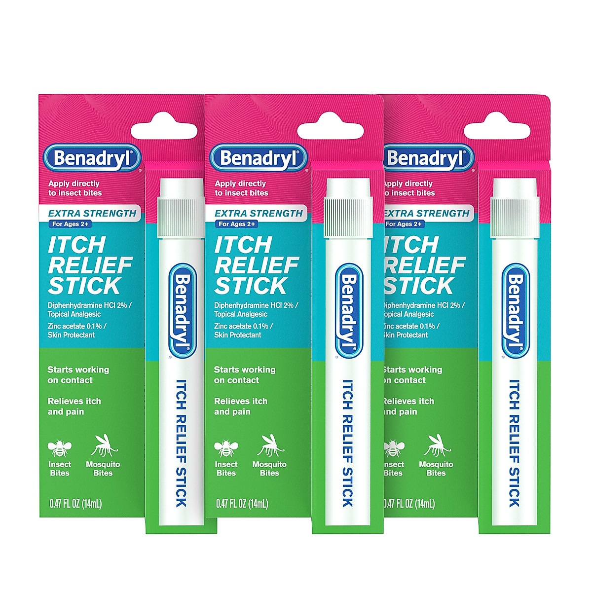 Benadryl Extra Strength Anti-Itch Relief Stick, Bug Bite Itch Relief, Diphenhydramine HCl Topical Analgesic & Zinc Acetate Skin Protectant, Great for Camping Essentials, 0.47 fl oz (Pack of 3)