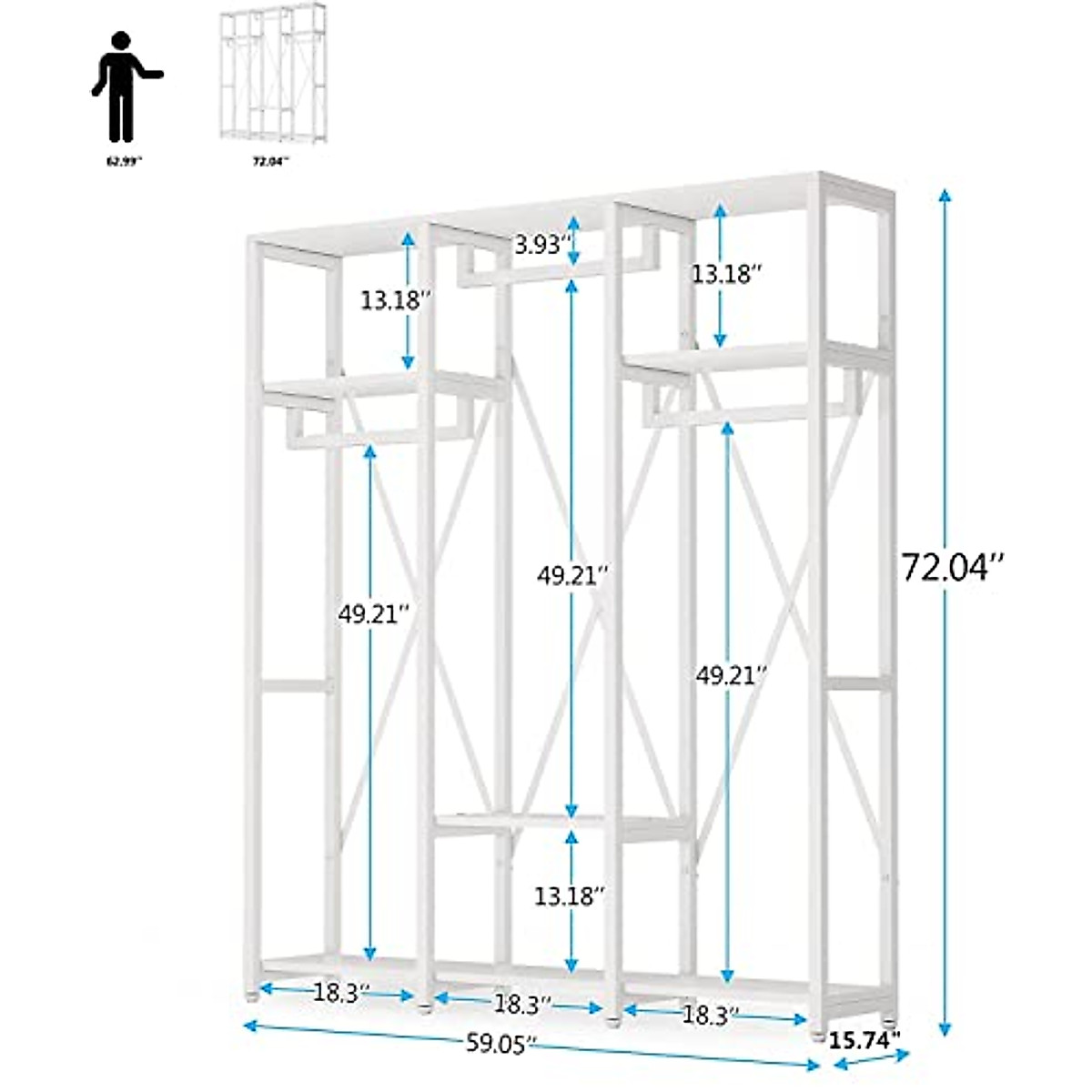 Tribesigns FreeStanding Closet Organizer, Industrial 3 Rod Garment Rack with 4-Tier Storage Shelf, Rustic Wardrobe Rack Clothes Rack for Hanging Clothes and Storage (White)