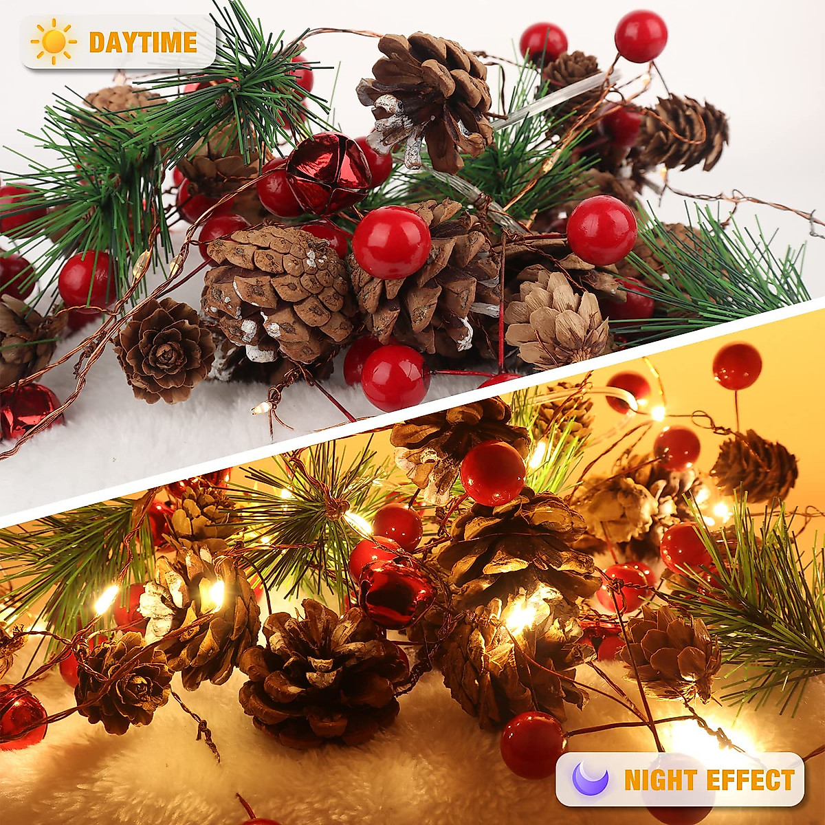 TOPIST Christmas Pinecone Lights Battery or USB Plug in, 6.7FT 20LED Red Berry with Pine Cone Christmas Garland Lights LED String Lights Fairy Lights for Xmas Tree Party Home Holiday Decor