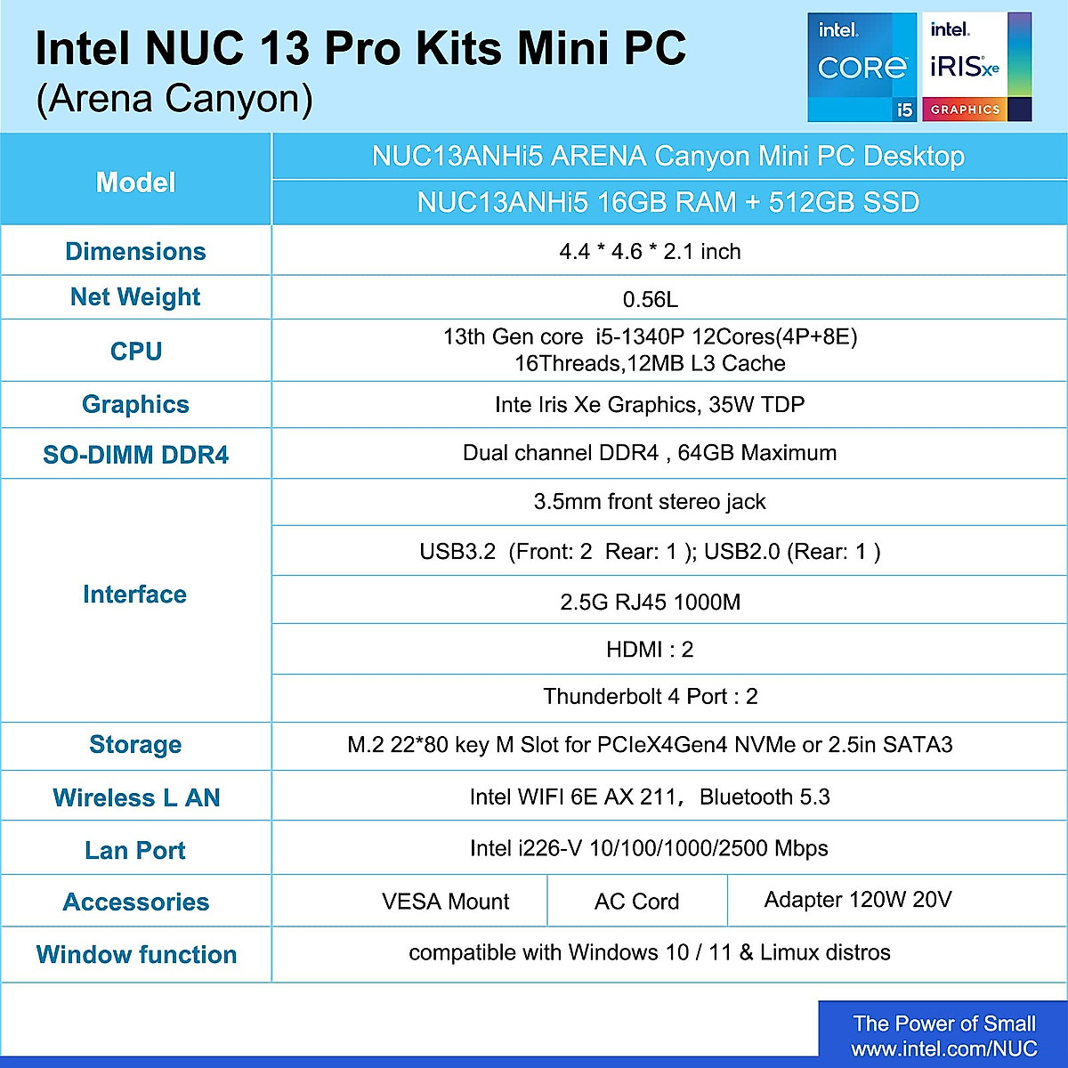 2023 Intel NUC 13 Pro,NUC13ANHi5 Versatile Mini PC 16GB RAM&512GB SSD with Core i5-1340 Processor (12Core&Up to 4.6GHz Turbo,Intel Iris Xe Graphics) Support 4K/WiFi6E/BT5.3/Win11 Pro preinstalled